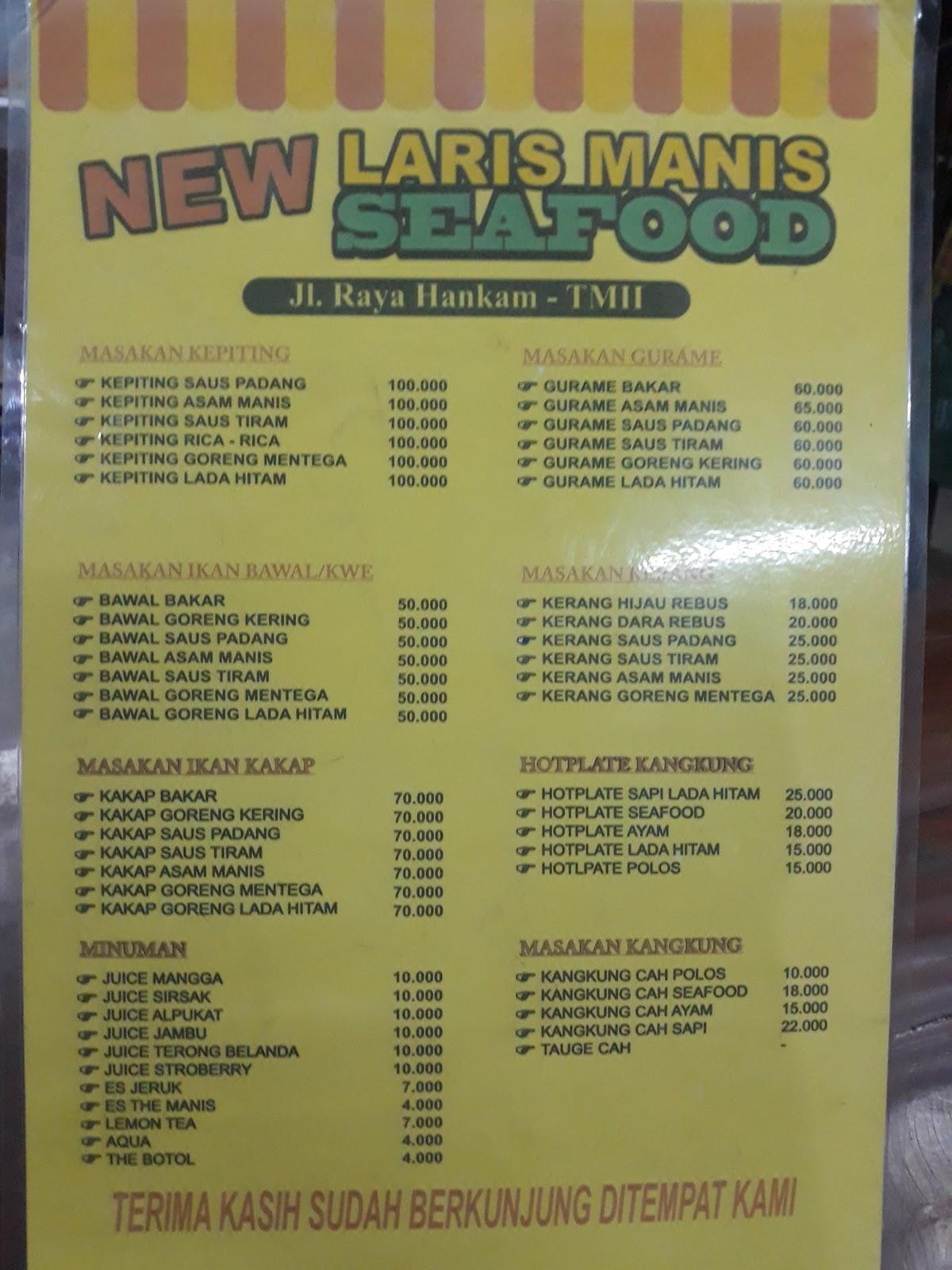 Carta del restaurante Laris Manis Seafood, Yakarta Oriental