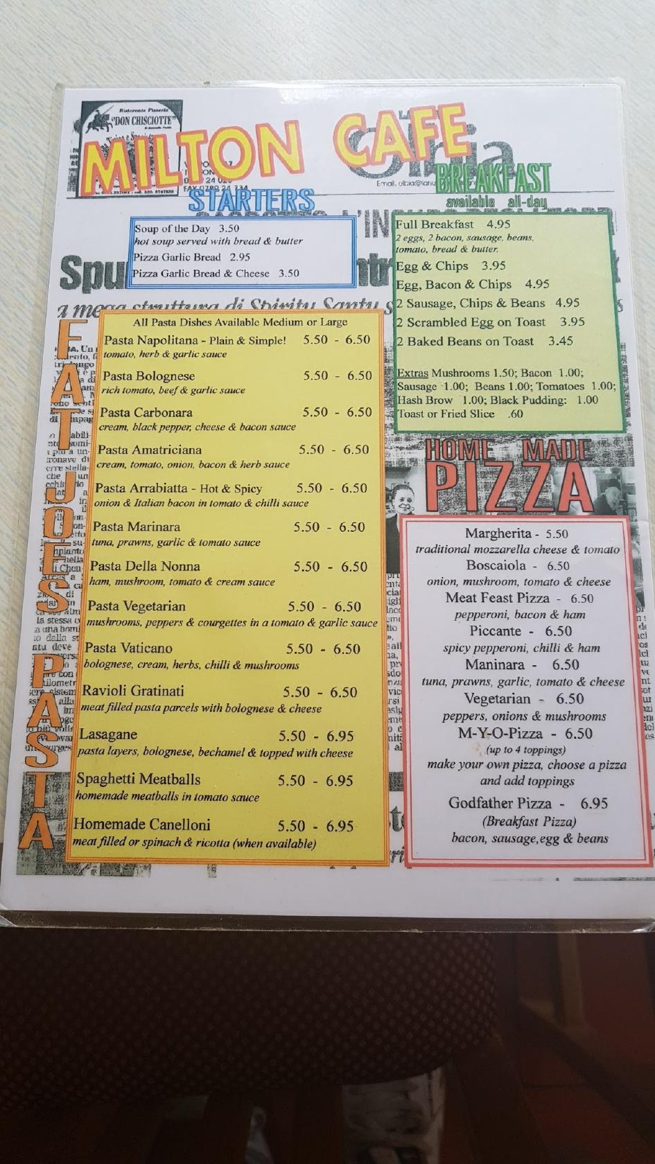 Menu at Milton Cafe, Southend-on-Sea