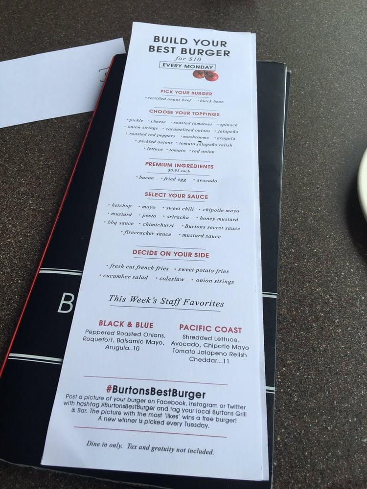Menu at Burtons Grill & Bar, Burlington