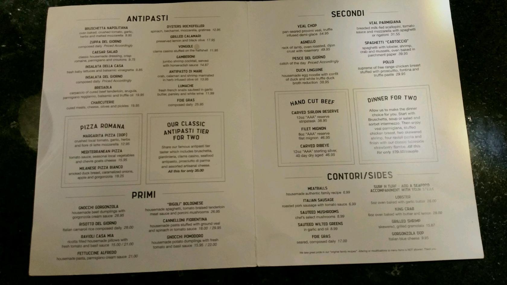 Menu at Casa Mia Ristorante restaurant, Niagara Falls