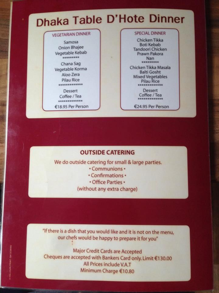 Menu at DHAKA TANDOORI RESTAURANT, Castlebar