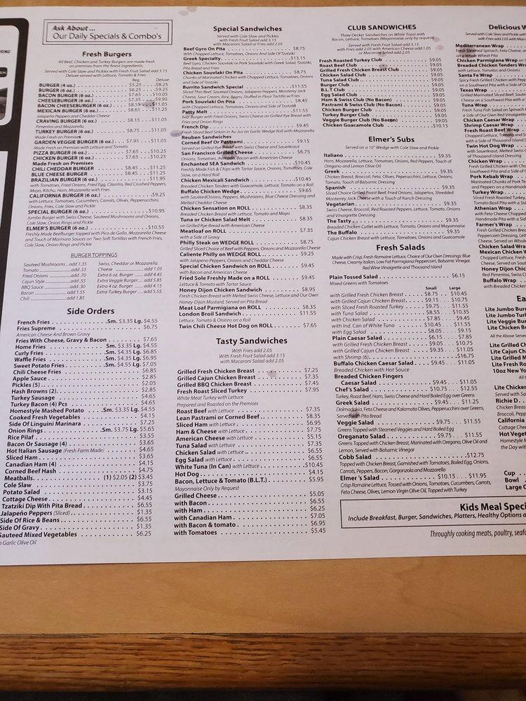 Menu at Elmer's Diner restaurant, Danbury