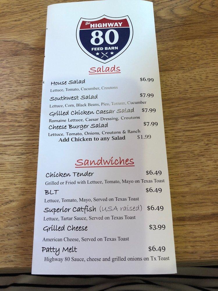 Menu at Highway 80 Feed Barn, Martindale