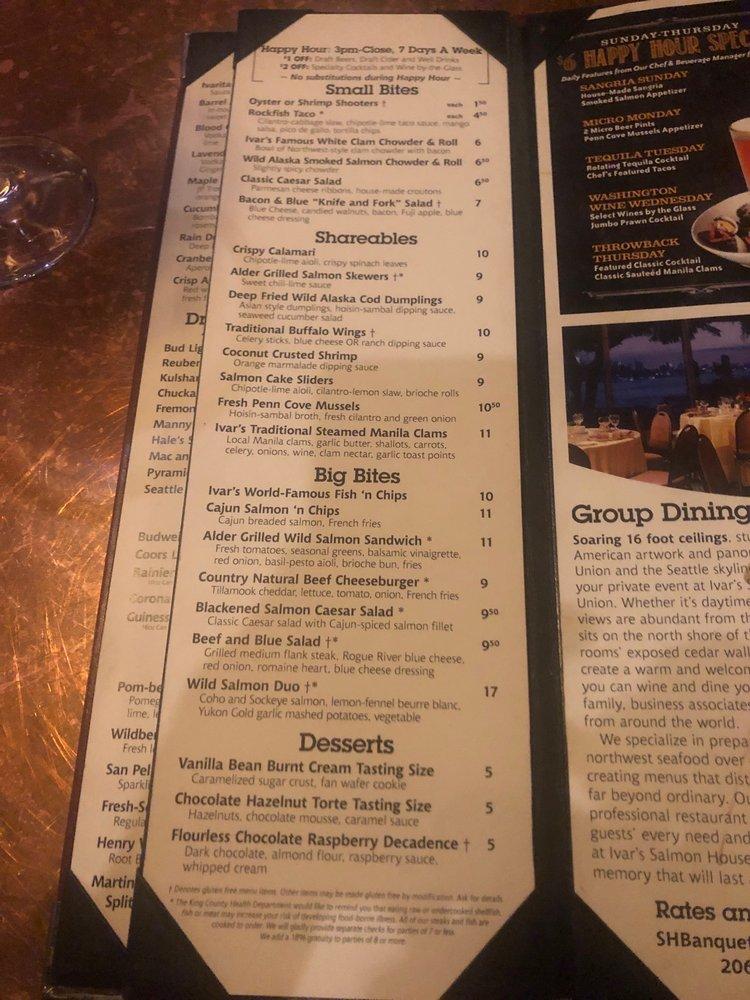 Menu at Ivar's Salmon House restaurant, Seattle