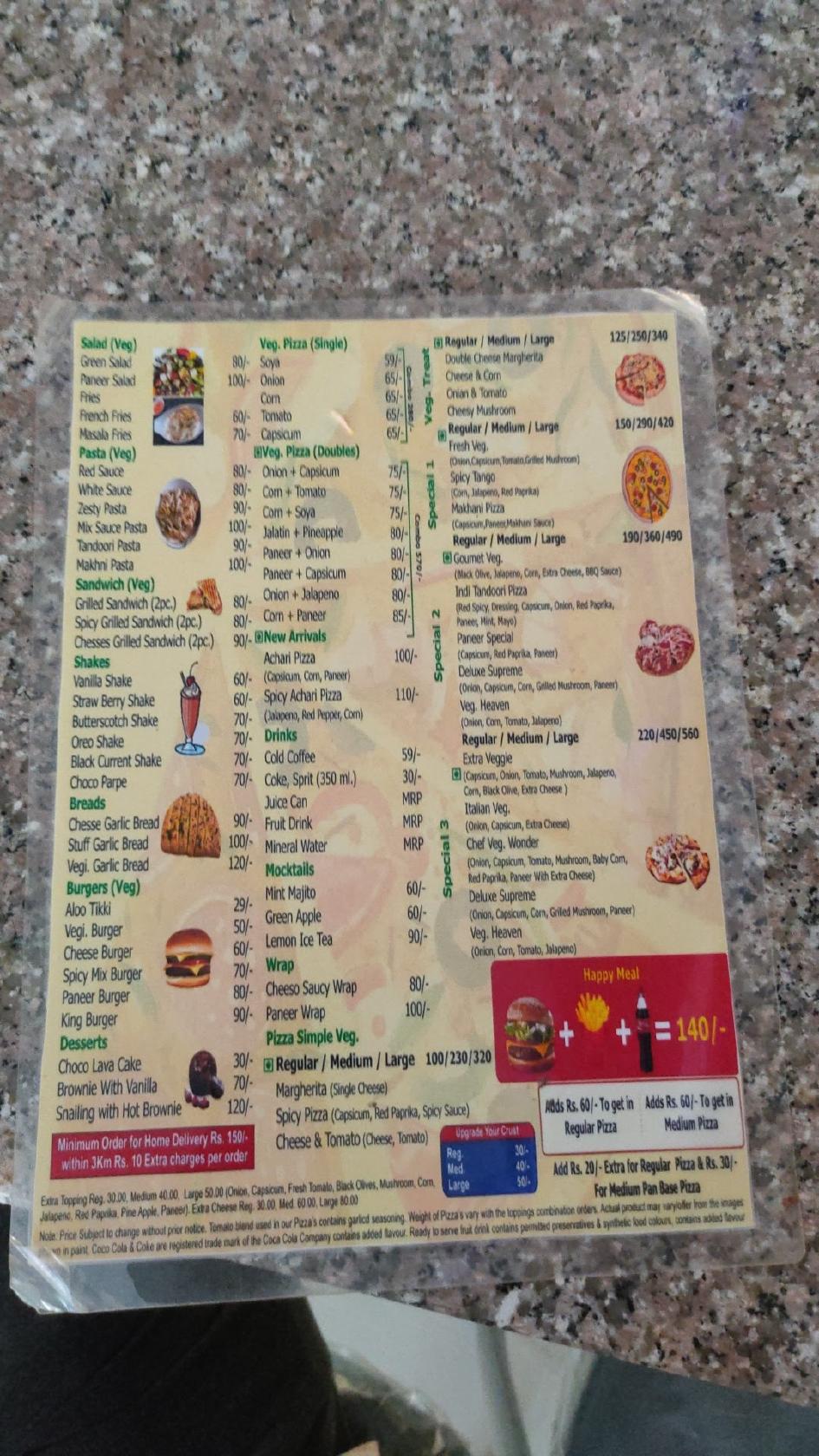 Menu at Pizzaland, Pragpur