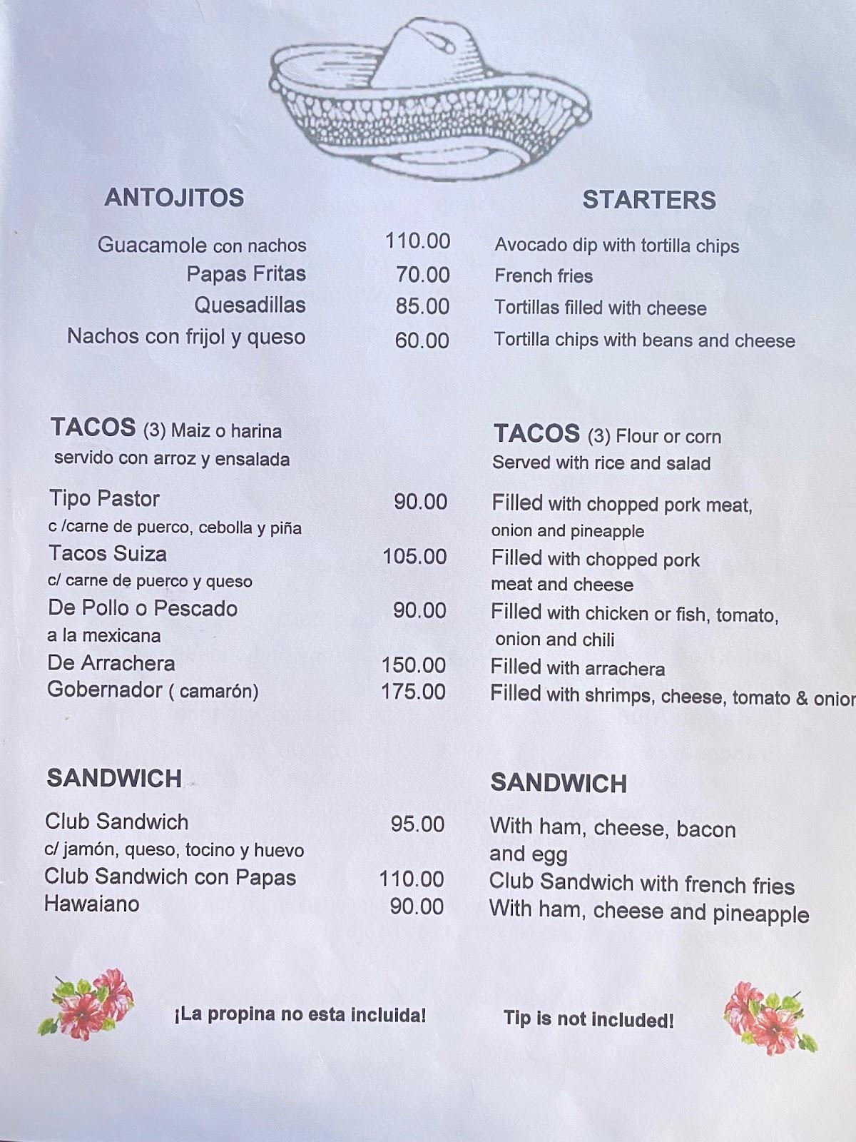 Carta de Restaurante Hotel Ines, Puerto Escondido