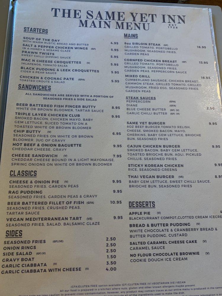 Menu at Same Yet Inn pub & bar, Prestwich