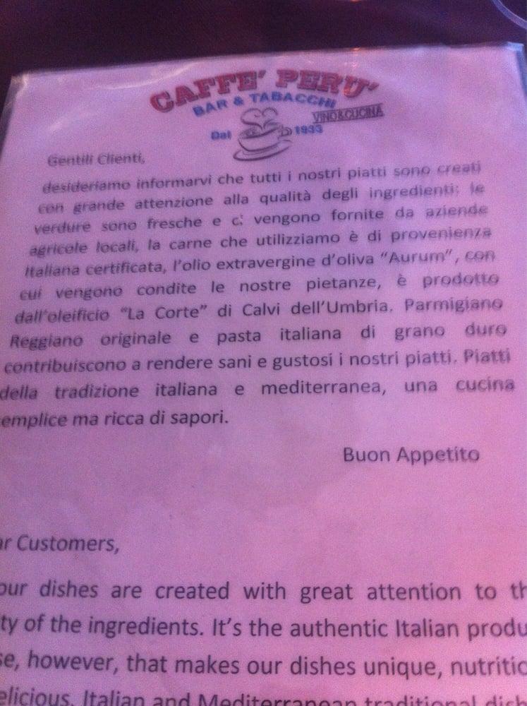 Menu at Snack Bar Caffè Perù, Rome, Via Giulia