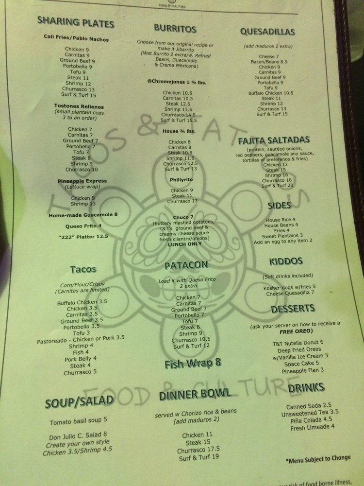Menu at Tacos & Tattoos restaurant, Miami, SW 104th St