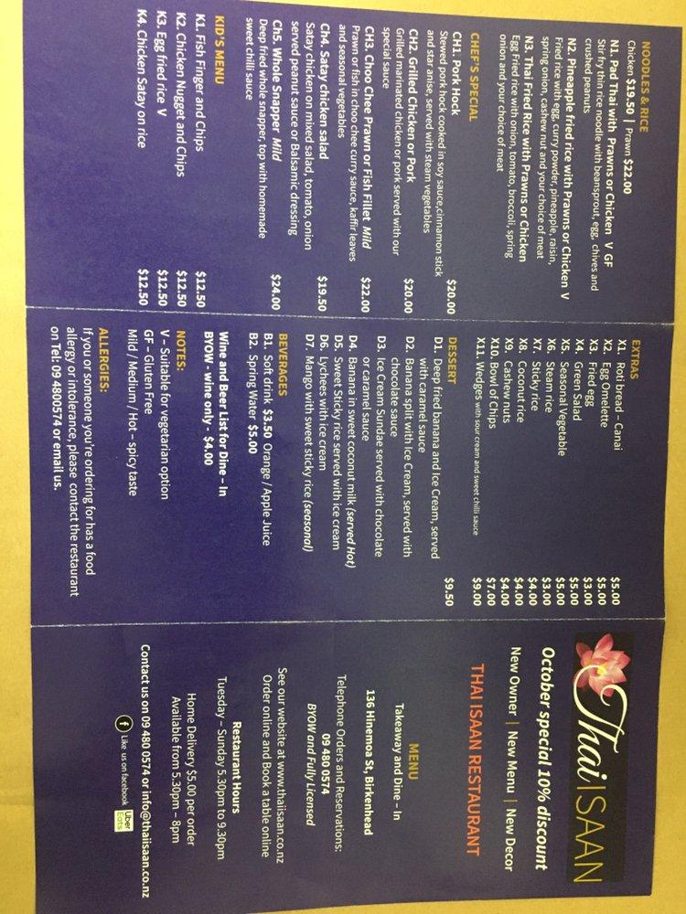 Menu at Thai Isaan Restaurant, Auckland
