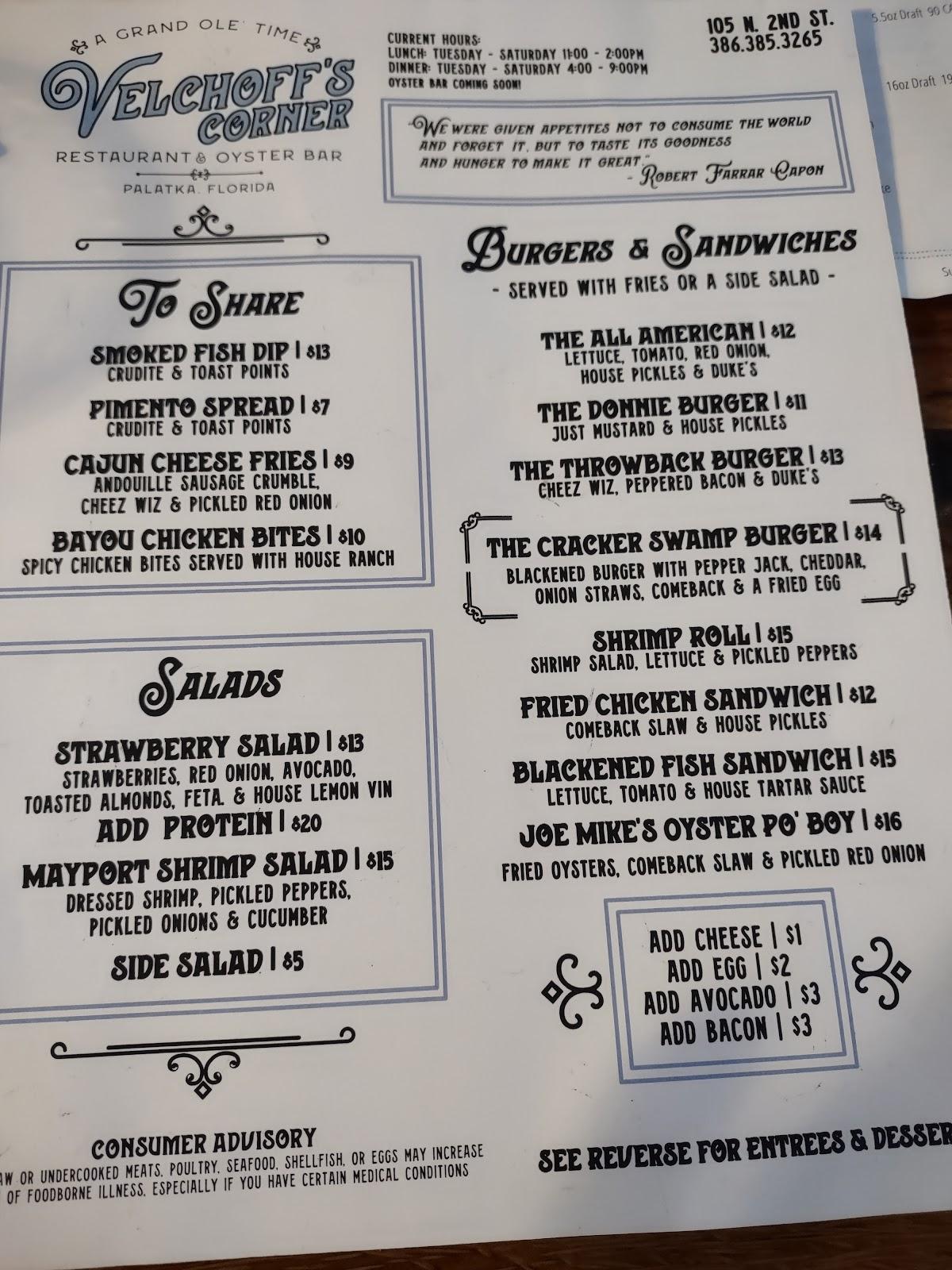 Menu at Velchoff's Corner pub & bar, Palatka