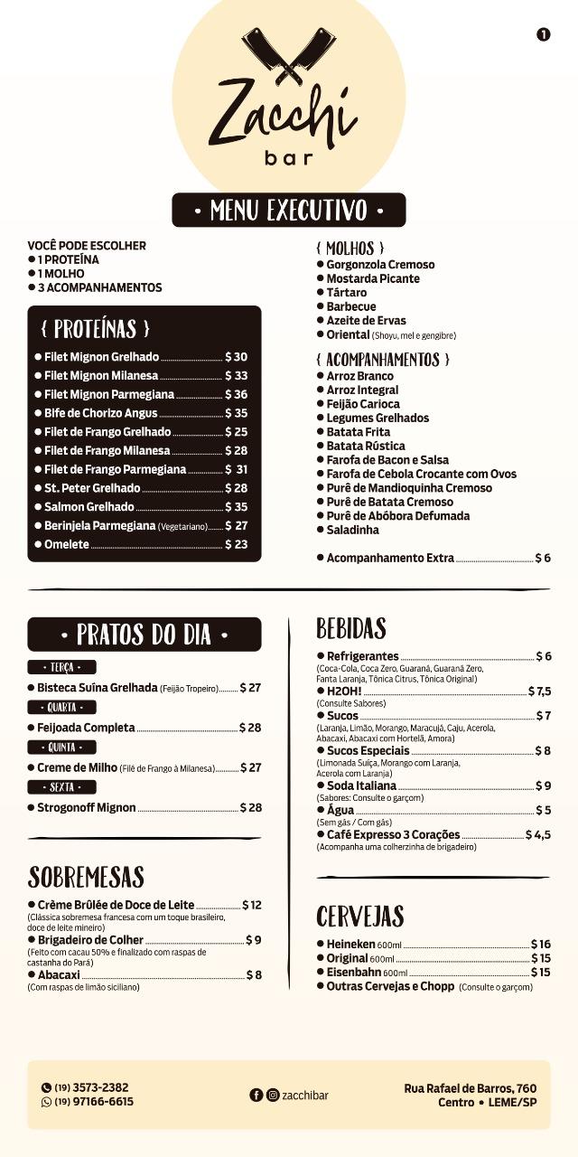Menu at Zacchi restaurant, Leme