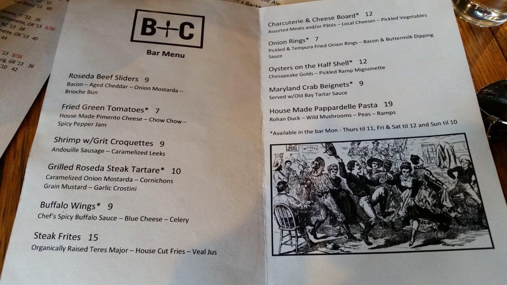 Menu at Barrel & Crow, Bethesda