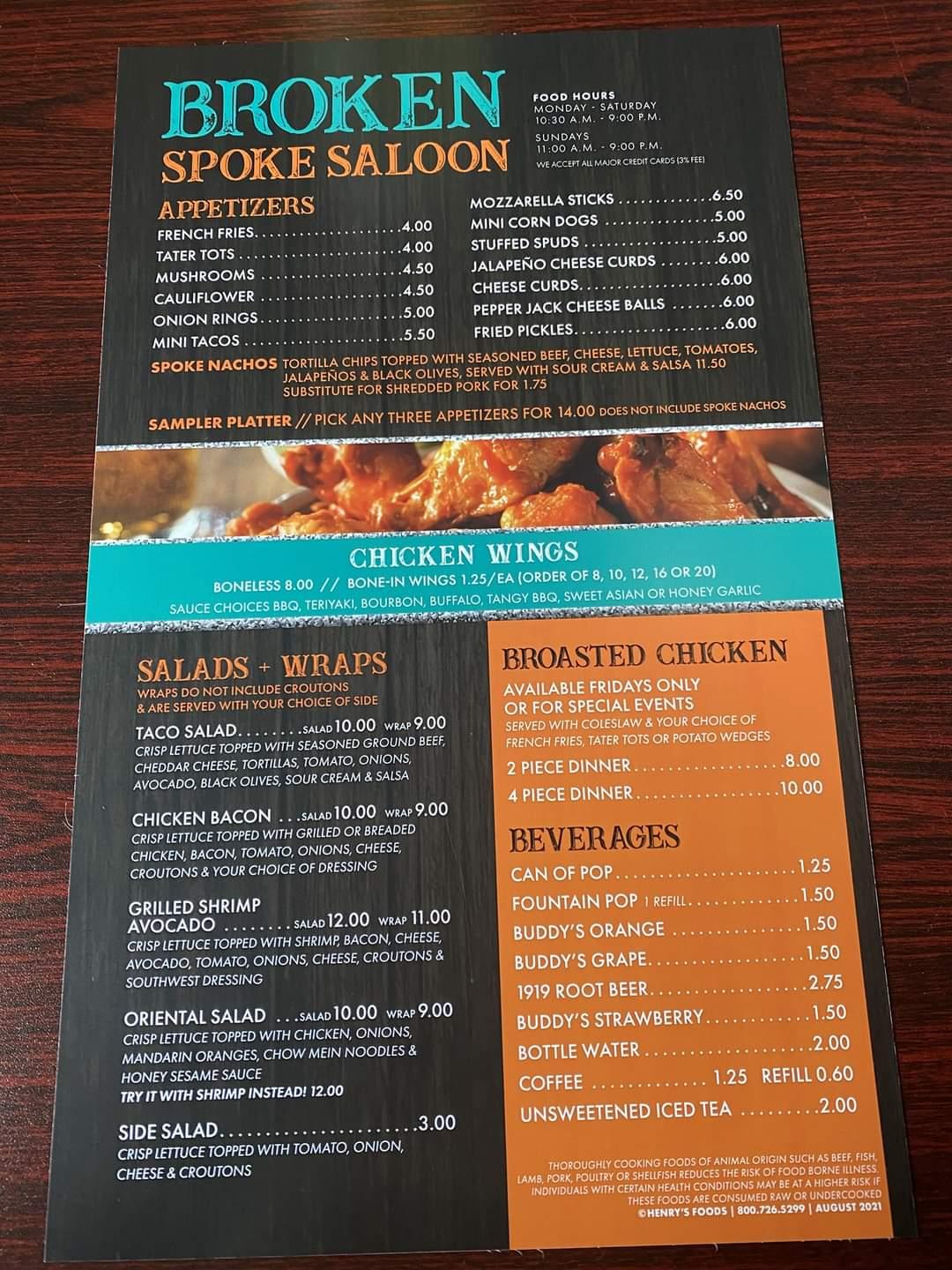 Menu at Broken Spoke Saloon pub & bar, Morgan