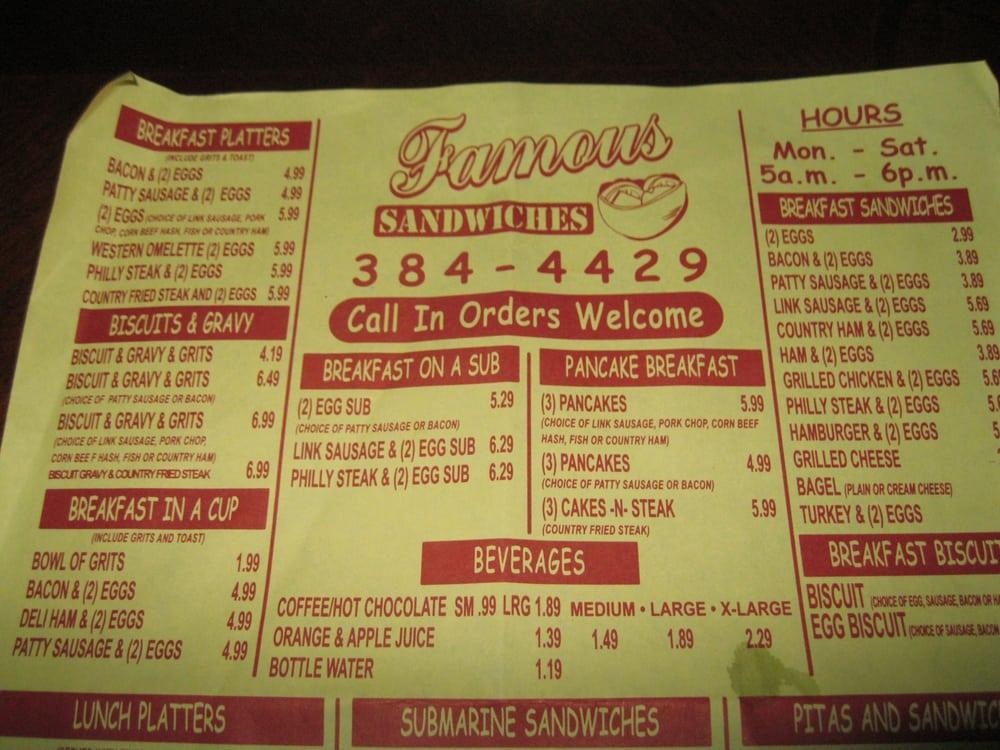 Menu at Famous Sandwiches restaurant, Jacksonville, Cassat Ave