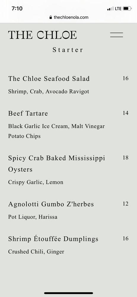 Menu at Restaurant and Bar at The Chloe, New Orleans