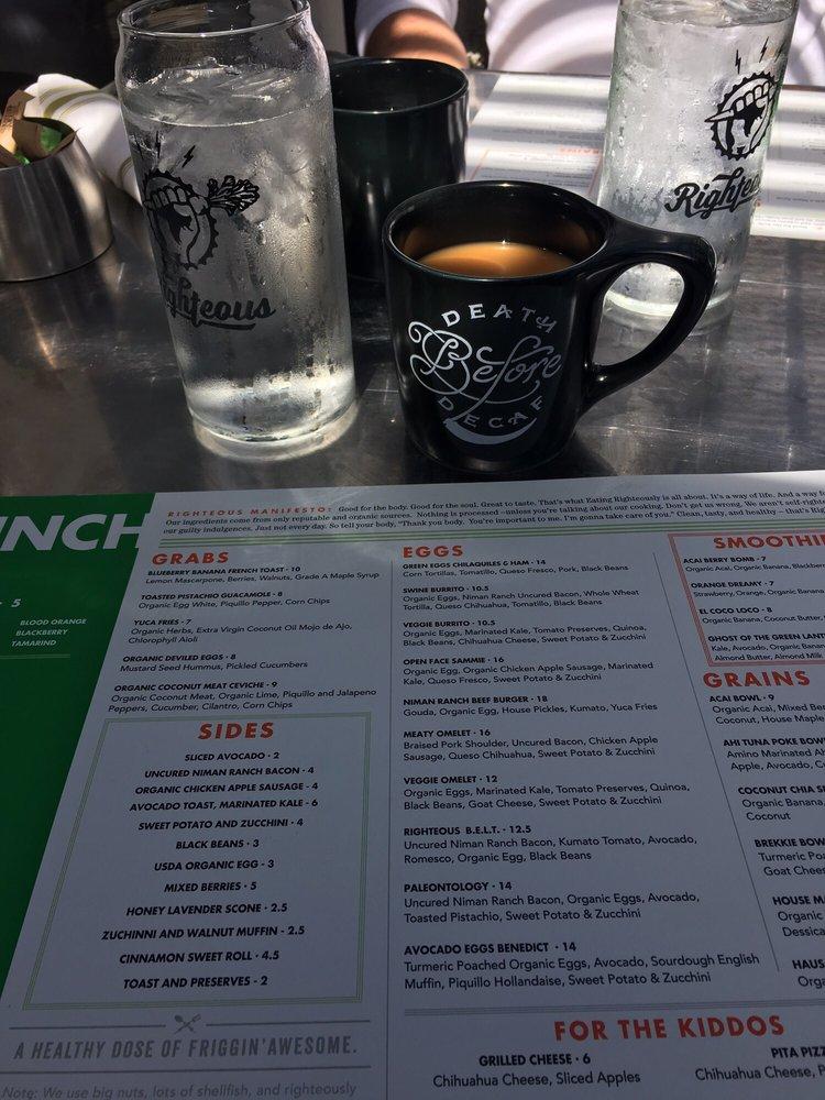 Menu at Righteous Foods cafe, Fort Worth
