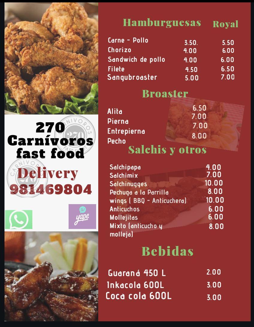Menu at 270 carnívoros Fast Food., San Martín de Porres