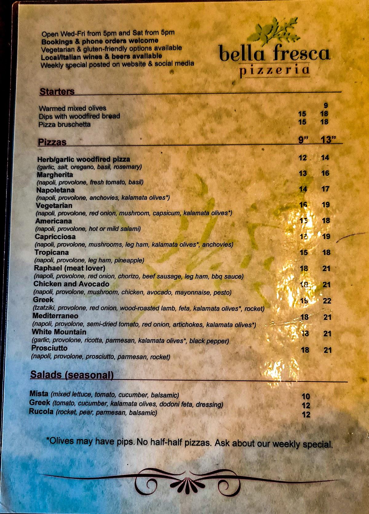 Menu at Bella Fresca Pizzeria, Castlemaine