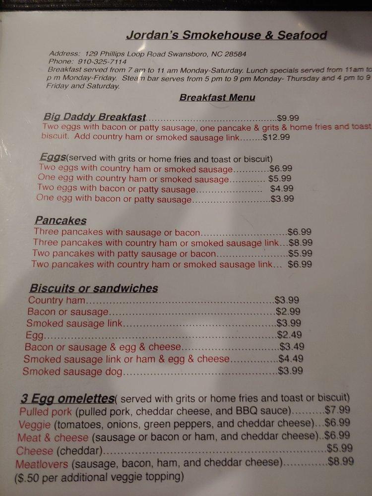 Menu at Jordan's Smokehouse & Seafood restaurant, Swansboro