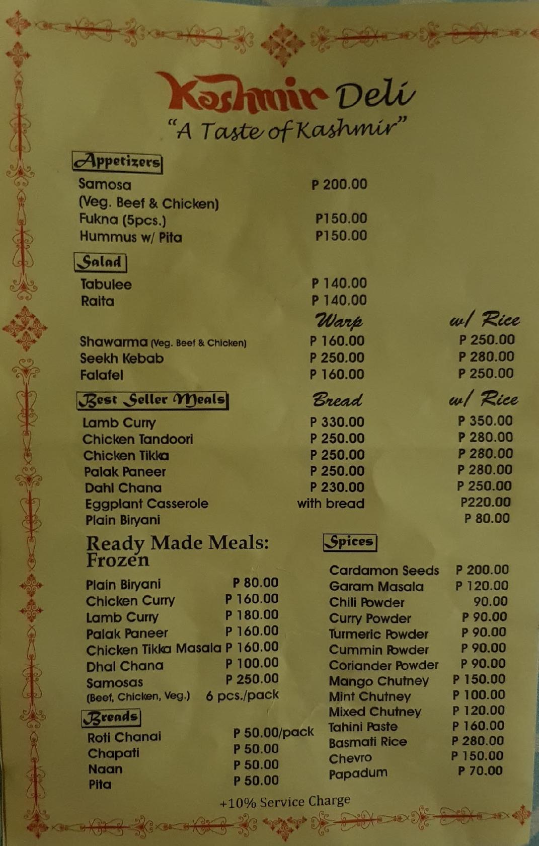 Menu at Kashmir restaurant, Makati, 816 Antonio Arnaiz Ave