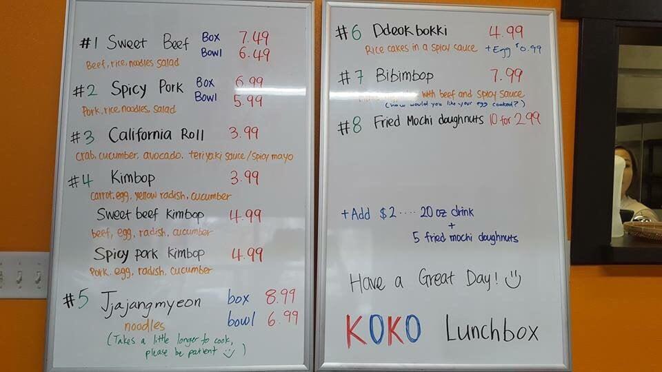 Menu at Koko Lunchbox restaurant, Provo