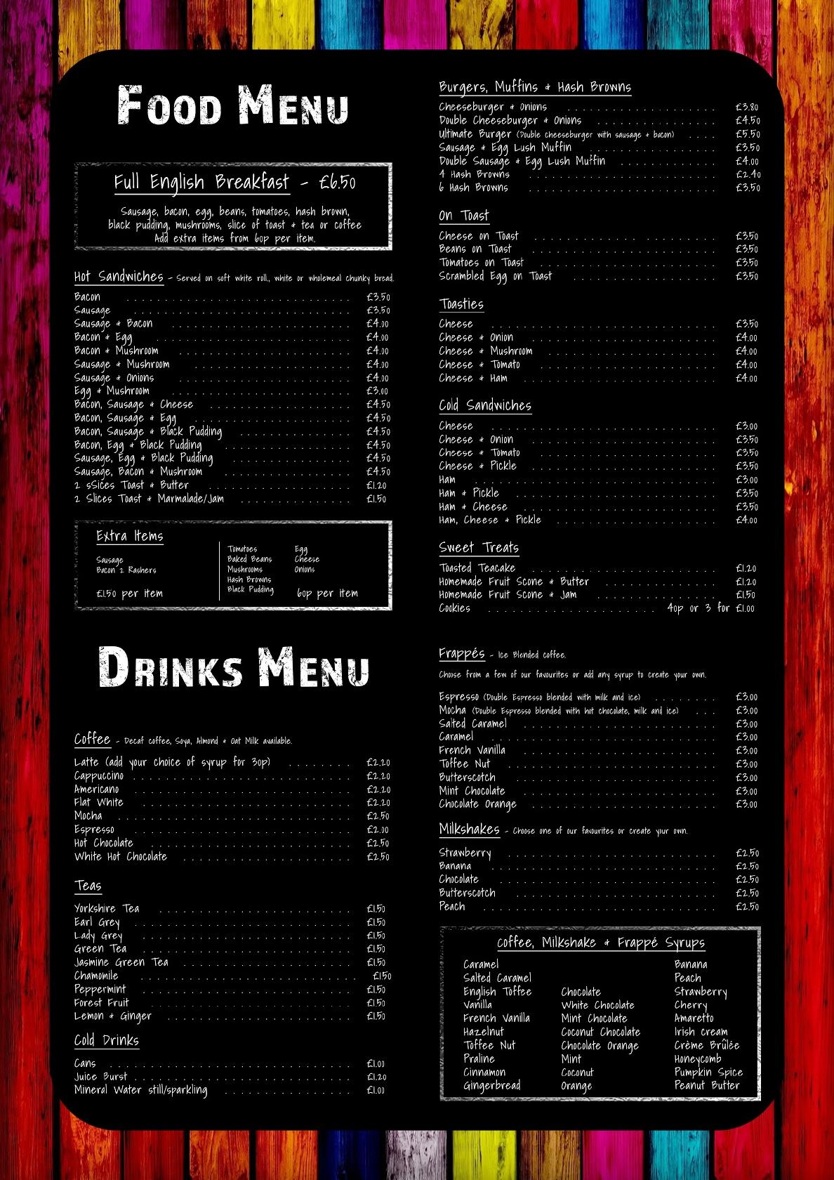 Menu at Lush Coffee cafe, Whitby