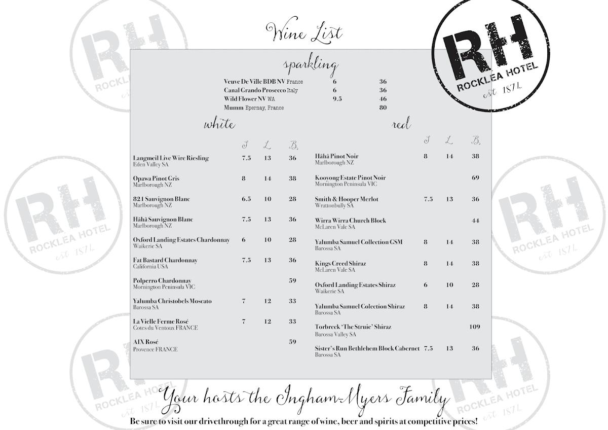 Menu at Rocklea Hotel pub & bar, Rocklea, Ipswich Rd