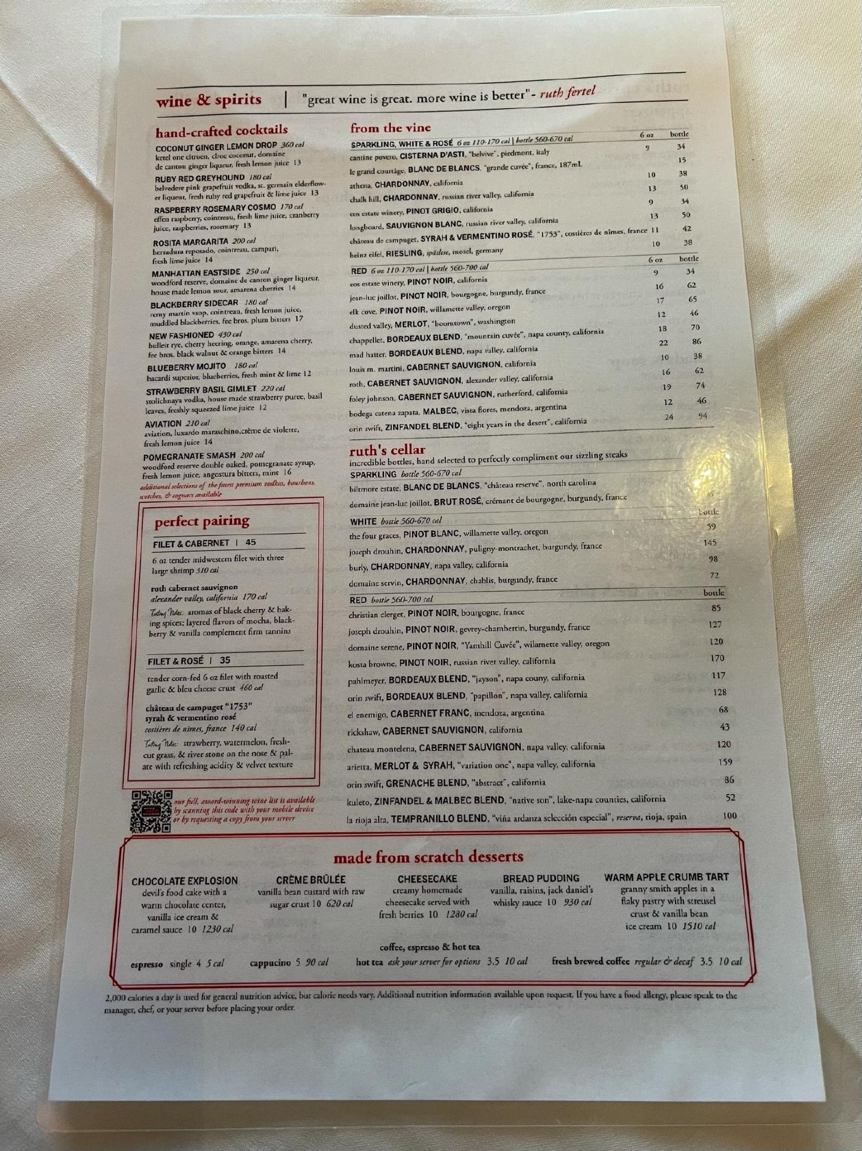 Menu at Ruth's Chris Steak House steakhouse, Asheville