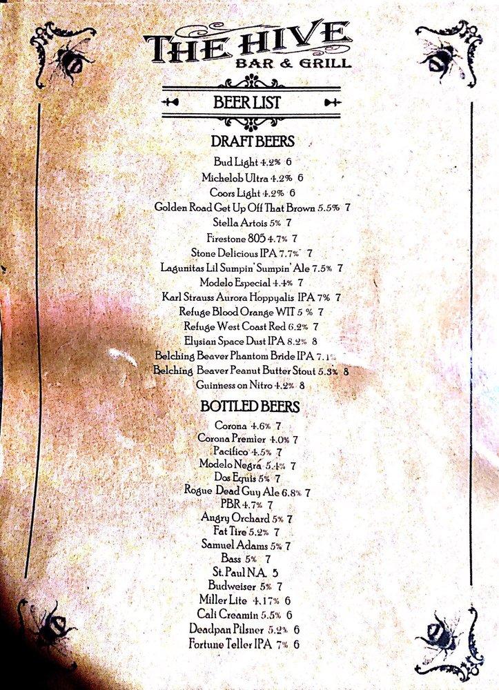 Menu at The Hive Bar & Grill, Wildomar