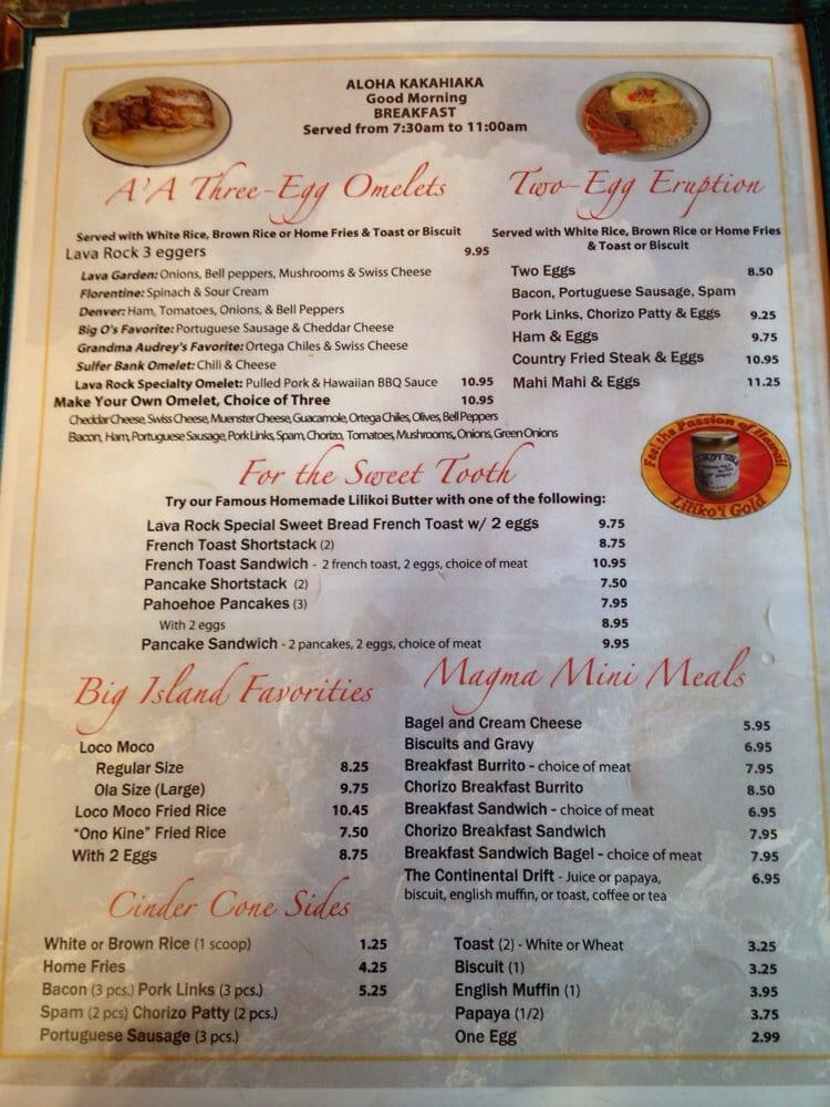 Menu at Volcano's Lava Rock Cafe, Volcano