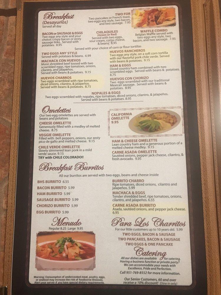 Menu at El Charro Authentic Mexican restaurant, Cherry Valley