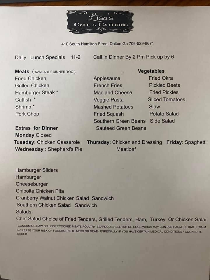 Menu at Lisa's Cafe & Catering, Dalton