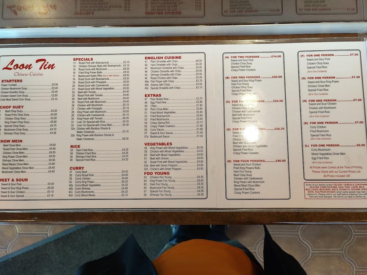 Menu at Loon Tin fast food, Slough