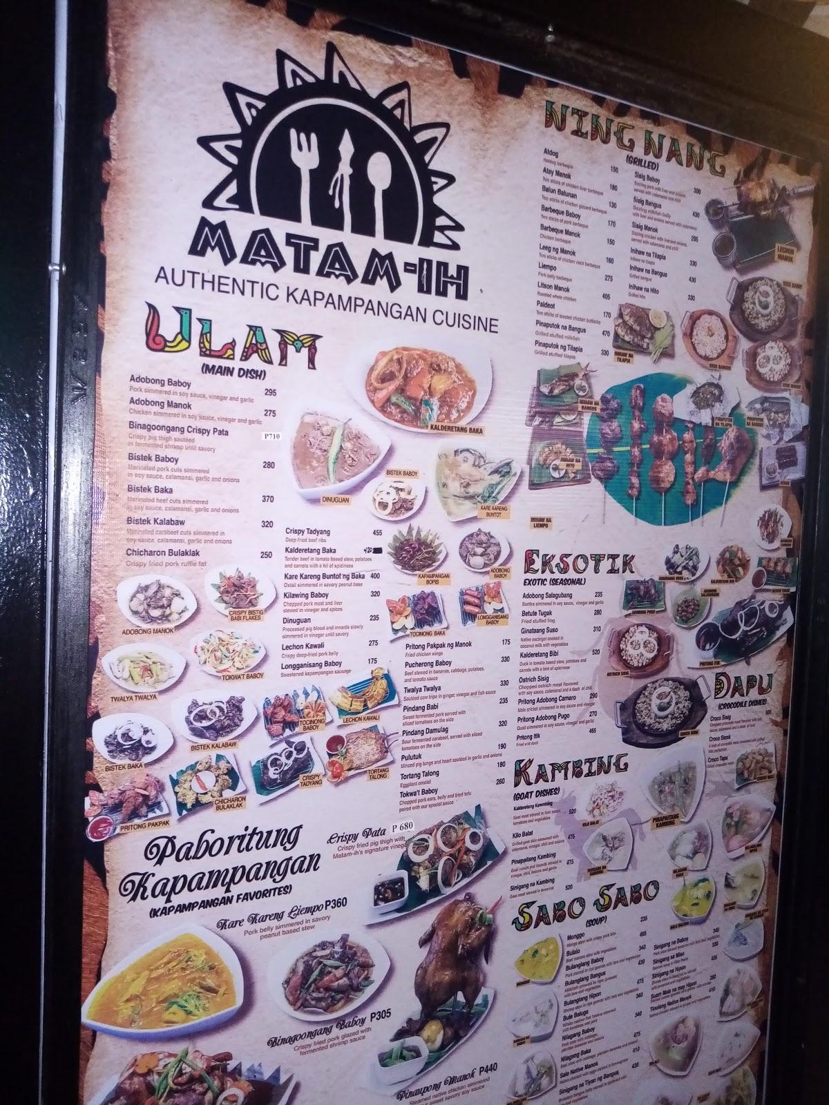 Menu at Matam-ih restaurant, Angeles