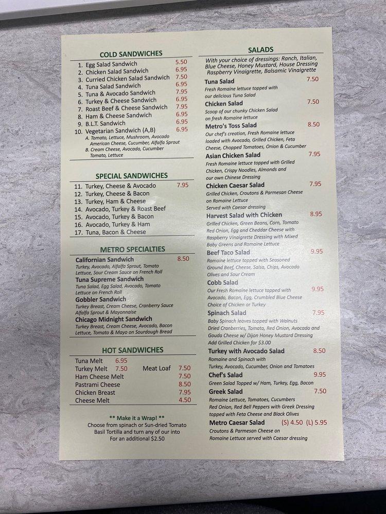 Menu at Metro Cafe, Torrance