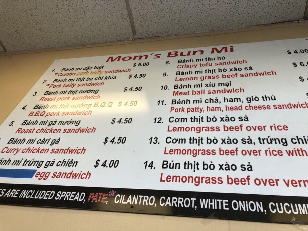 Menu at Mom's Bun Mi restaurant, Oakland