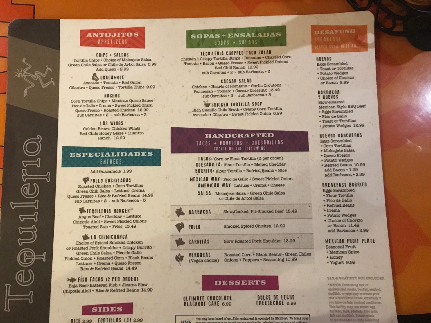 Menu at Tequileria restaurant, Charlotte, Josh Birmingham Pkwy