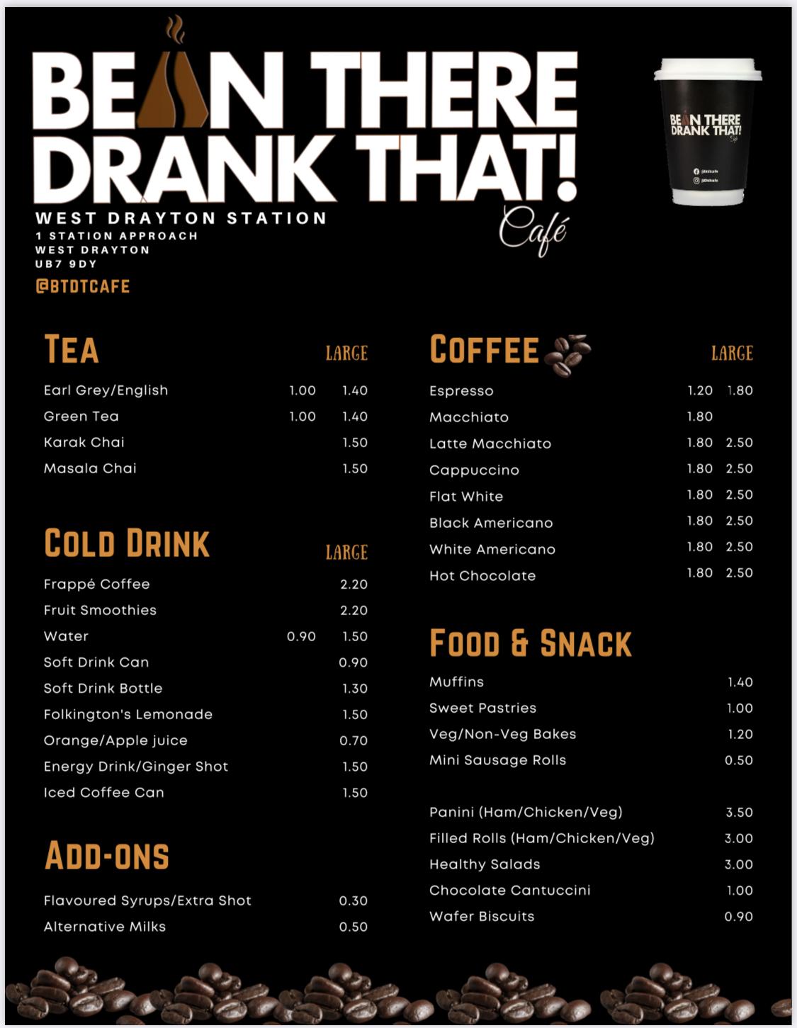 Menu at Bean there, Drank That! Cafe, West Drayton