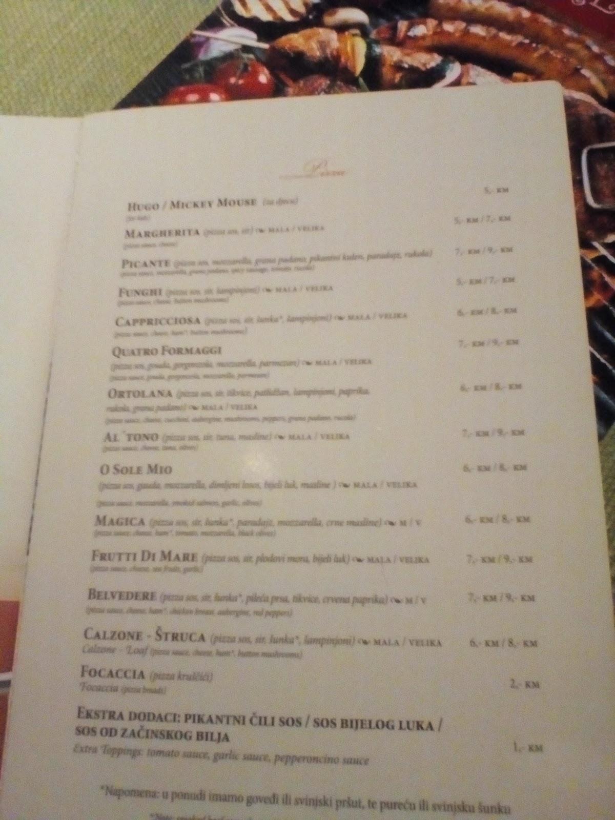 Menu at Restoran Belvedere restaurant, Bihać