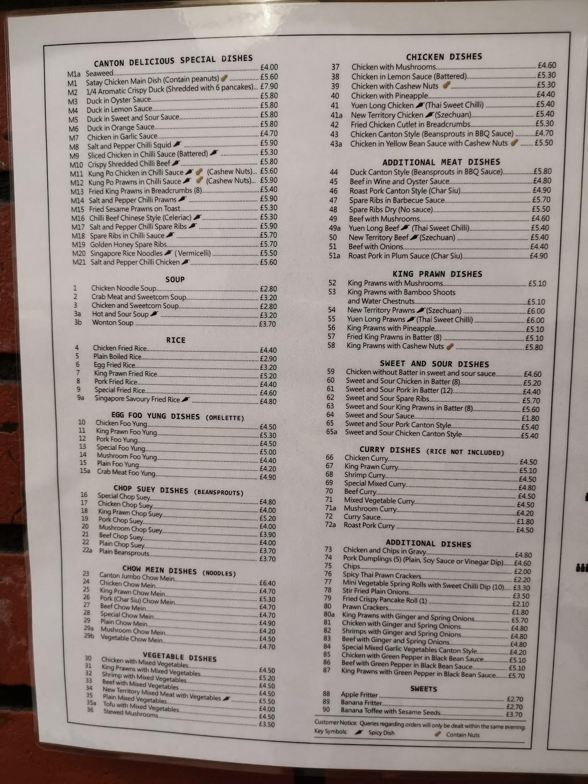 Menu at Canton Take Away fast food, Sandhurst