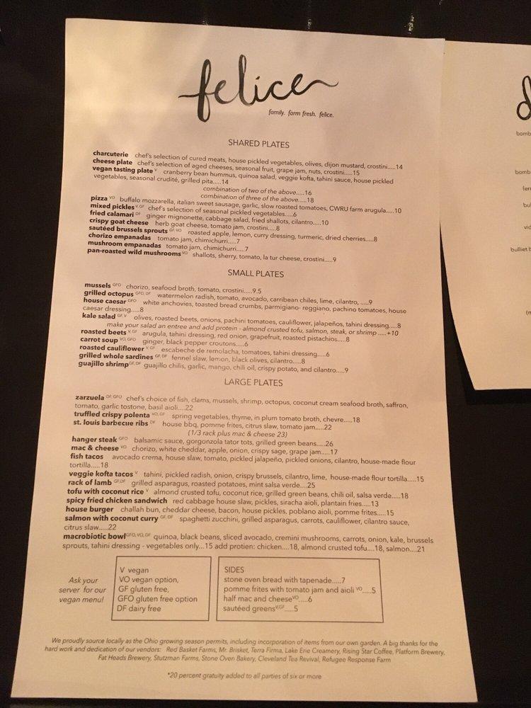 Menu at Felice Urban Cafe, Cleveland