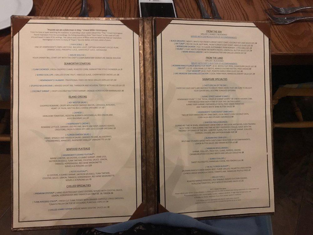 Menu at Hemingway's Restaurant, Orlando