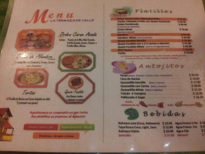 Menu at La Terraza de Valle restaurant, Puerto Vallarta