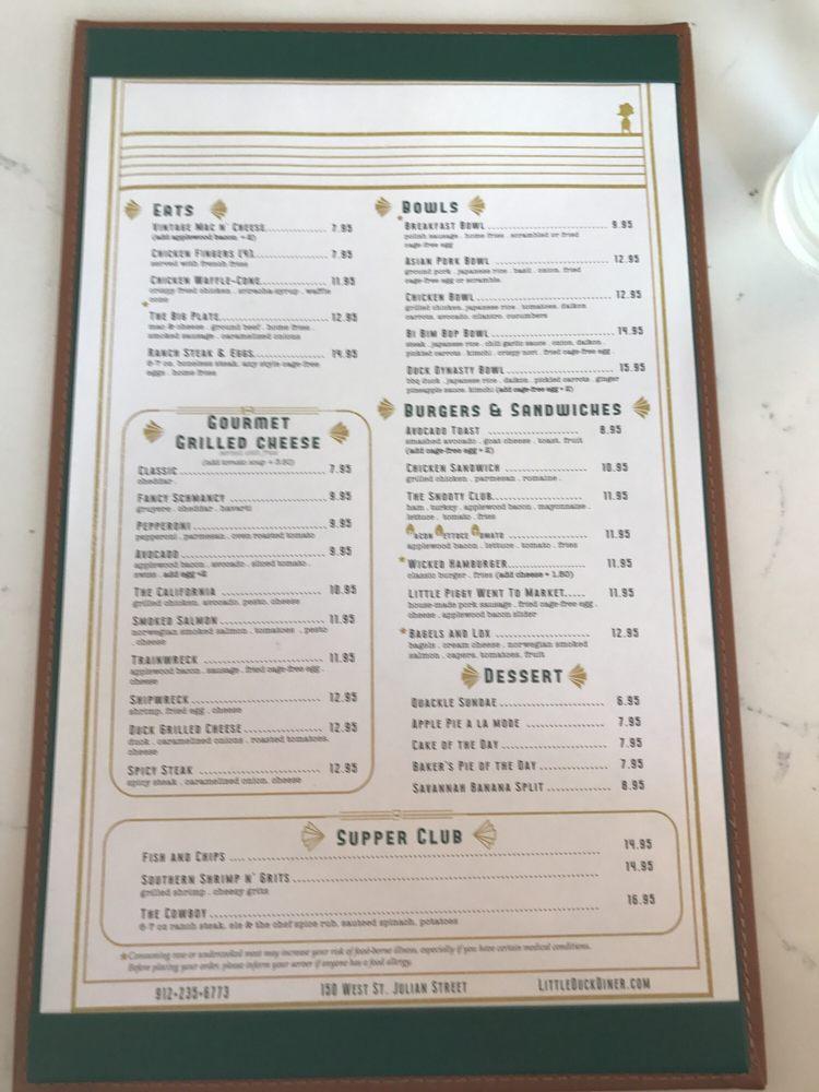Menu at Little Duck Diner restaurant, Savannah