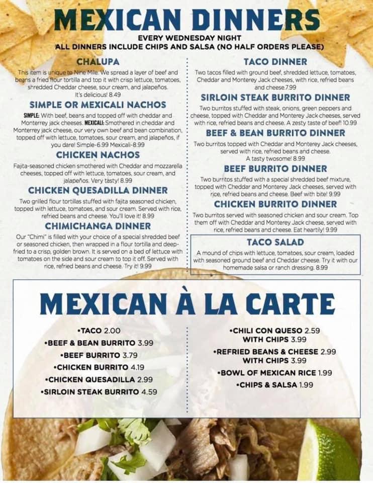 Menu at Nine Mile Restaurant, Fort Wayne