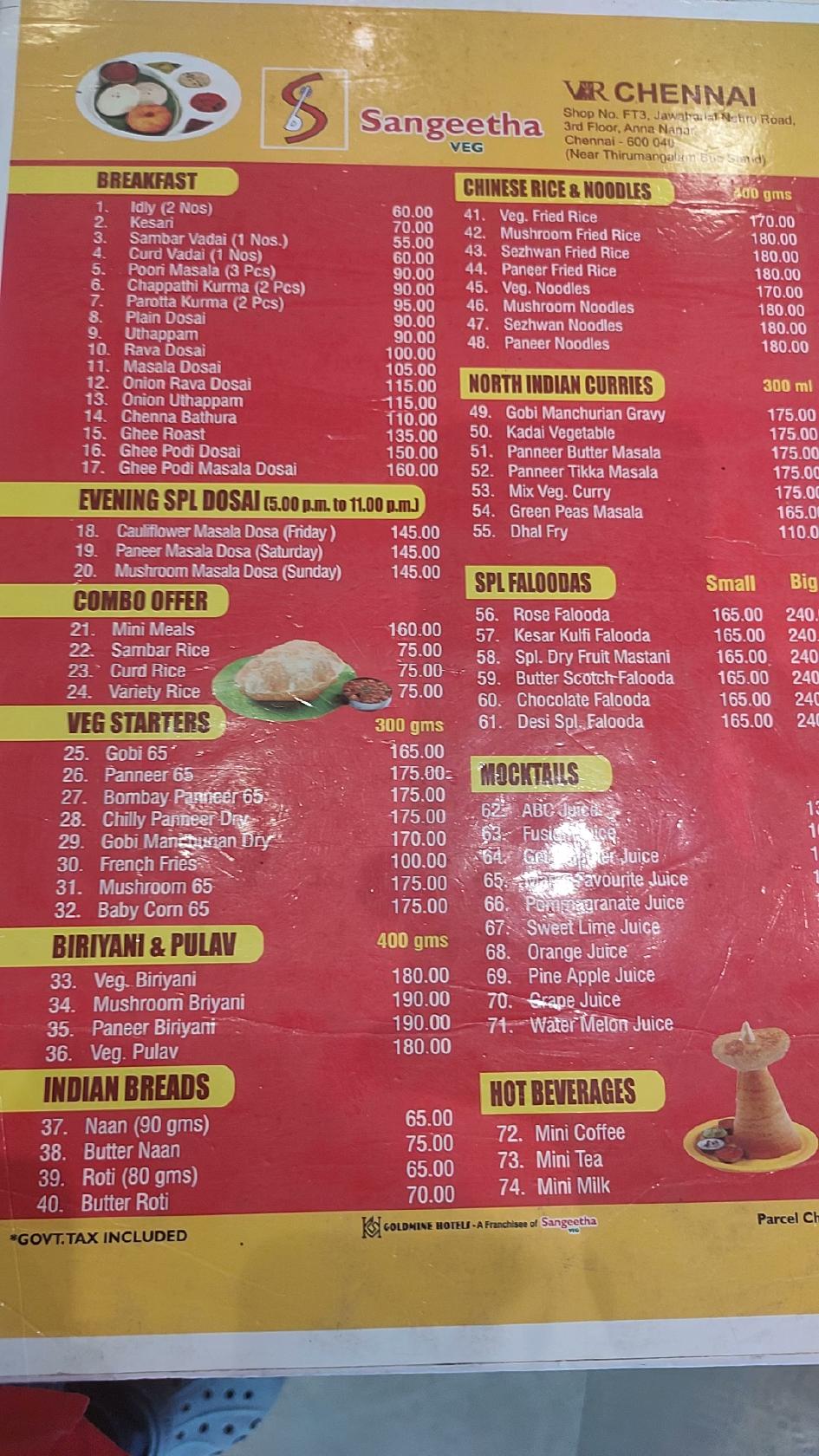 Menu at Sangeetha Veg Restaurant - Anna Nagar, Chennai, No: 44