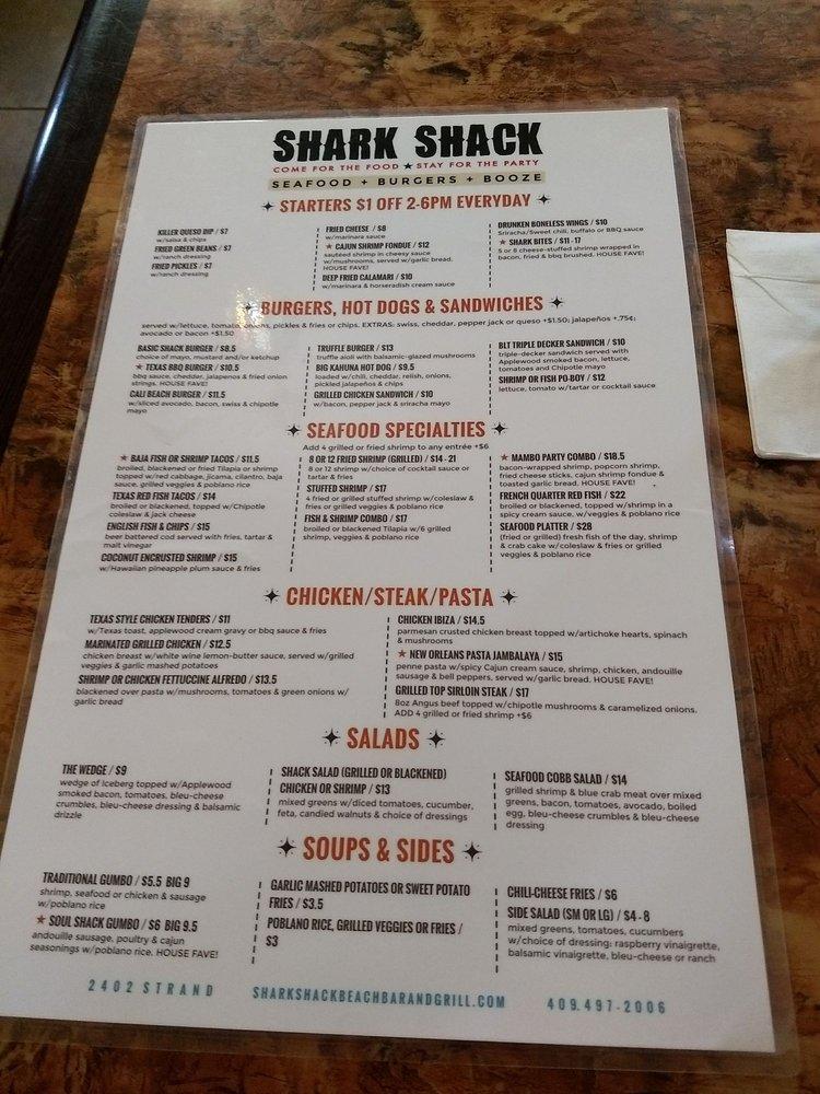 Menu at Shark Shack restaurant, Galveston