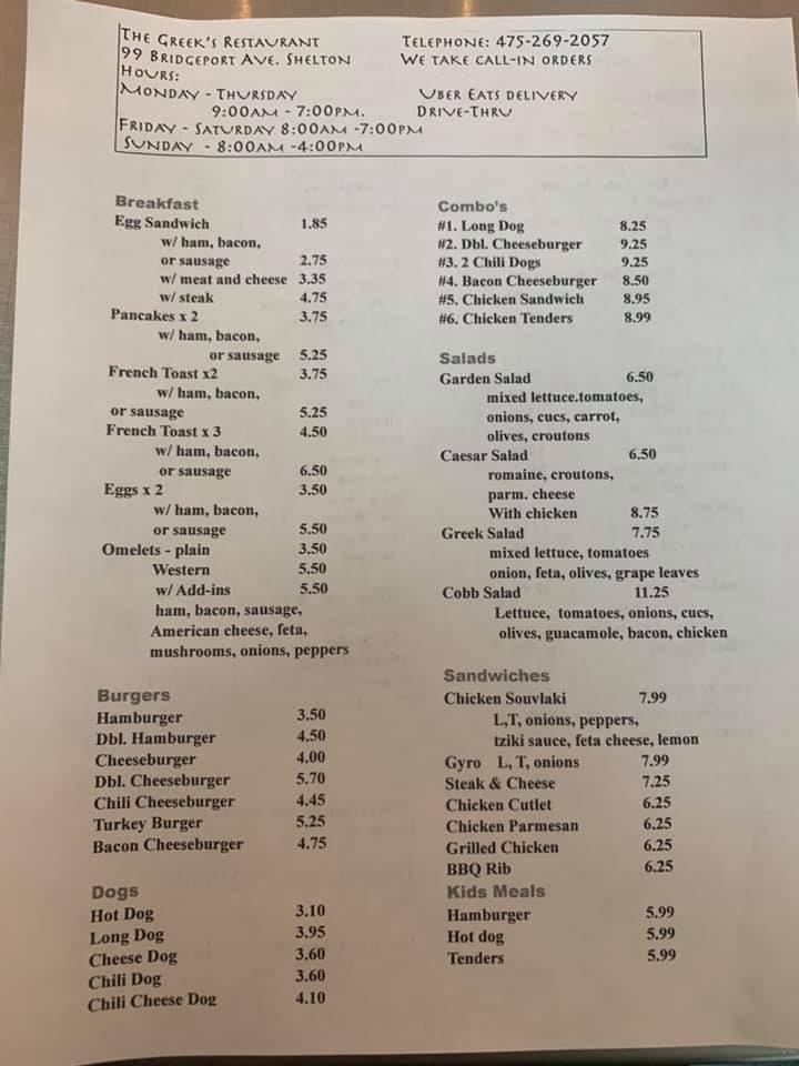 Menu at The Greeks restaurant, Shelton