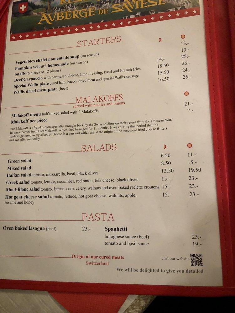 Menu at Auberge de Savièse, Geneva